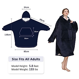Wearable Blanket Hoodie for Men & Women, Oversized Hoodie Blanket Adult, Sherpa Fleece & Flannel Blanket with Sleeves and Giant Pocket, Machine Washable, Convenient for Home and Outdoors, Navy Blue