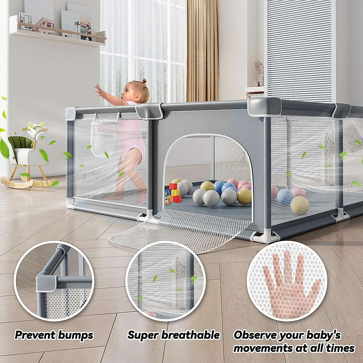 TOMBOSS Baby playpen.50“x50”Baby Play Yard for Toddler.Indoor & Outdoor Kids Activity Center with.with Soft and Breathable mesh.with Door.(Gray)