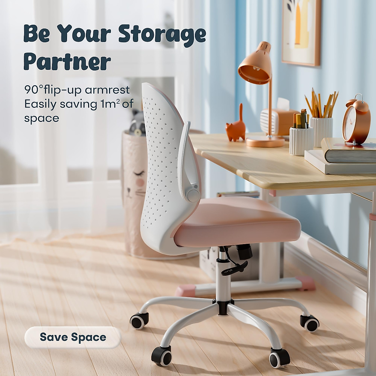 Kids Desk Chair with Arms and Wheels, Pink Ergonomic Leather Comfy Office Chair with Flipping Armrests, Study Chair for Girls and Boys, Small and Cute Adjustable Height Computer Desk Chair