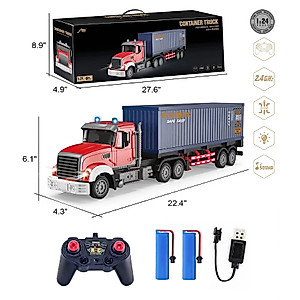 RC Semi Truck with Trailer - 22.5 Inch Semi Truck Toy for Kids, Carrier Van Transport Vehicle with 2 Rechargeable Batteries, 1:24 Container Truck with LED Lights & Music, Great Gift For Boys Girls