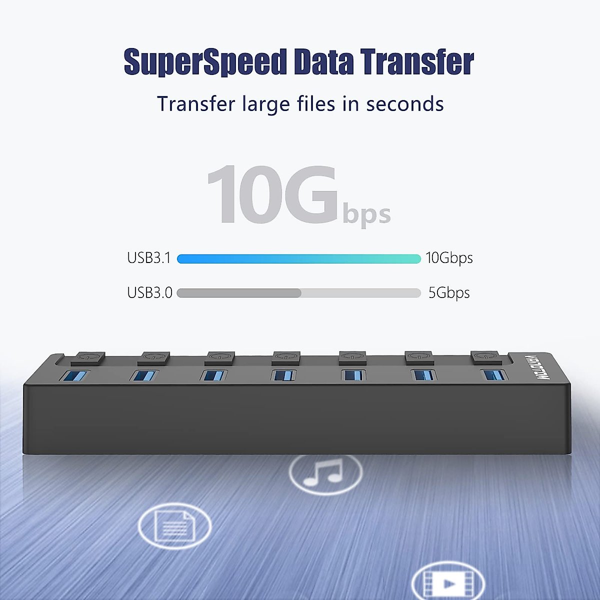 Powered USB 3.1/3.2 Hub, VANOTOM 7-Port Charging USB 3.1/3.2 Gen 2 Hub, Superspeed USB Splitter up to 10Gbps with Power Adapter and Individual On/Off Switches for PC and Laptop