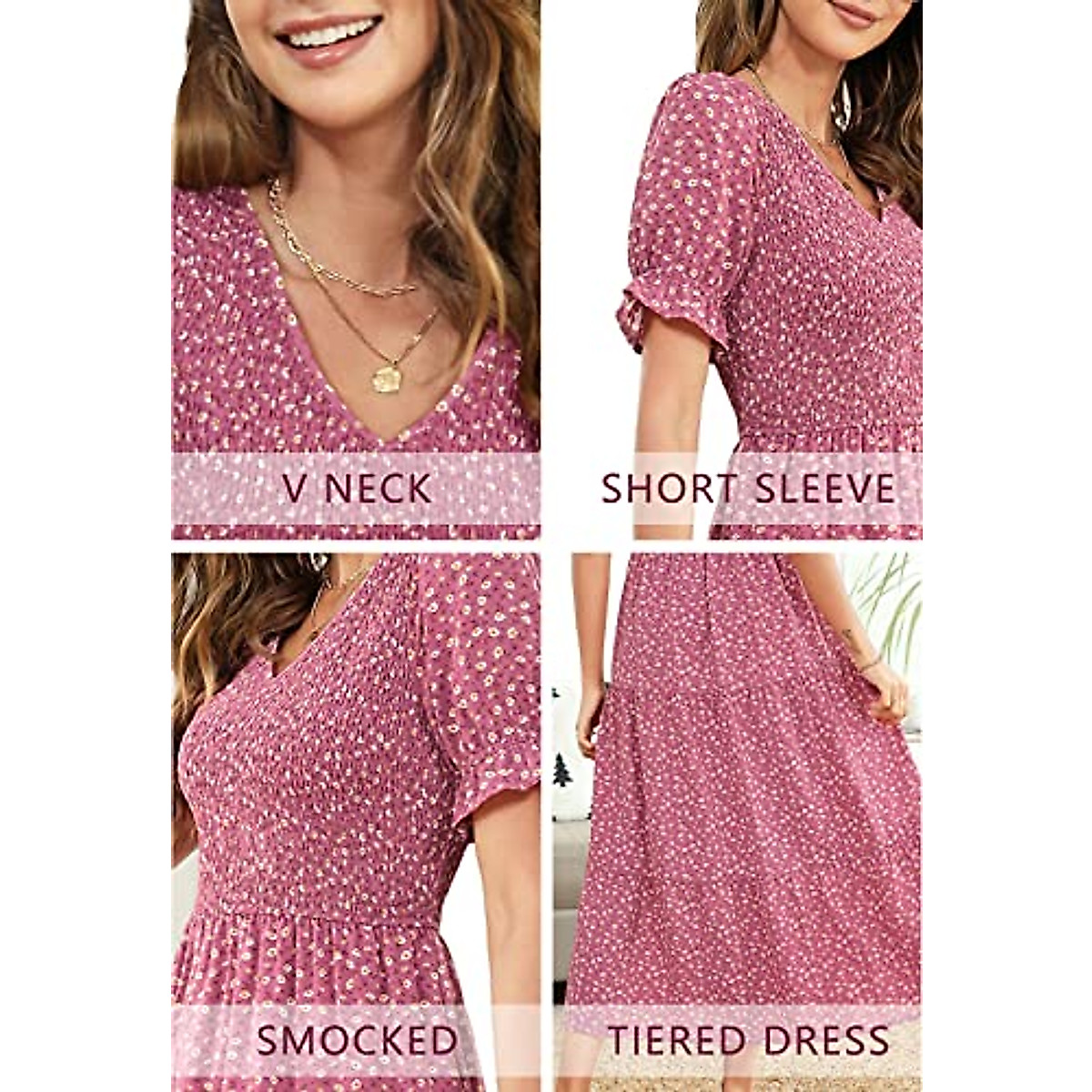 Kranda V Neck Short Puff Sleeve Smocked Ruffle Floral Midi Dress Dusty Rose XS