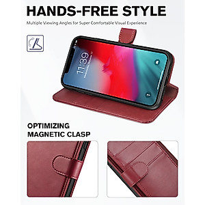 TUCCH Case Wallet for iPhone XR, Kickstand RFID Blocking Credit Card Slot PU Leather Folio Phone Cover with Wireless Charging [Shockproof TPU Shell] Compatible with iPhone XR 6.1, Dark Red
