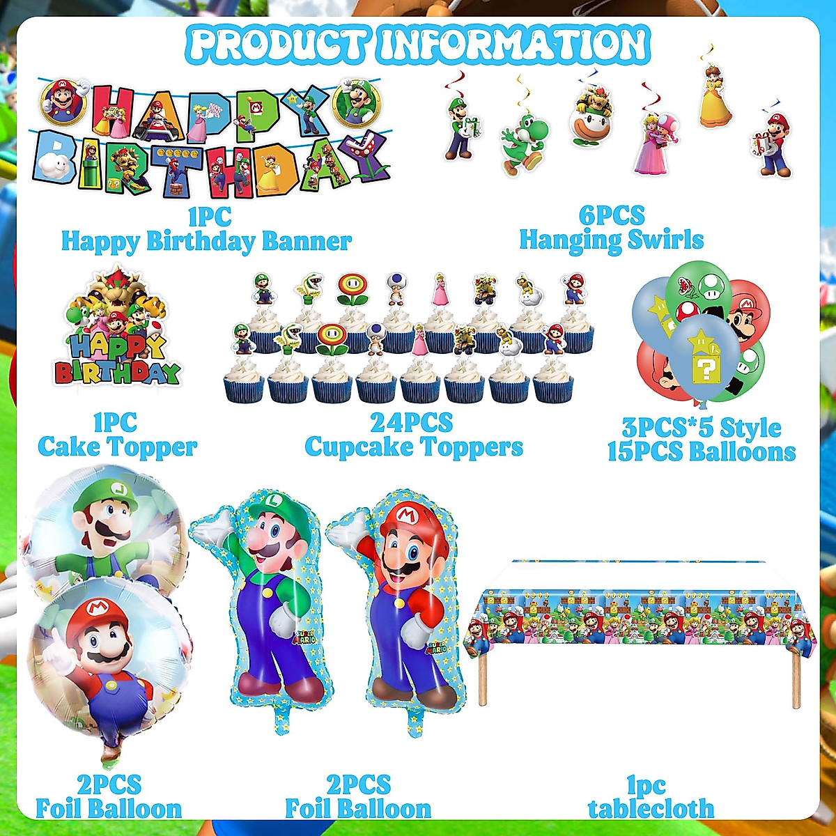 Mario Party Supplies Birthday Party Favors Super Mario Bros Birthday Decorations Include Birthday Banners, Balloons, Tablecloth, Cake Decoration, Cupcake Toppers, Hanging Swirls