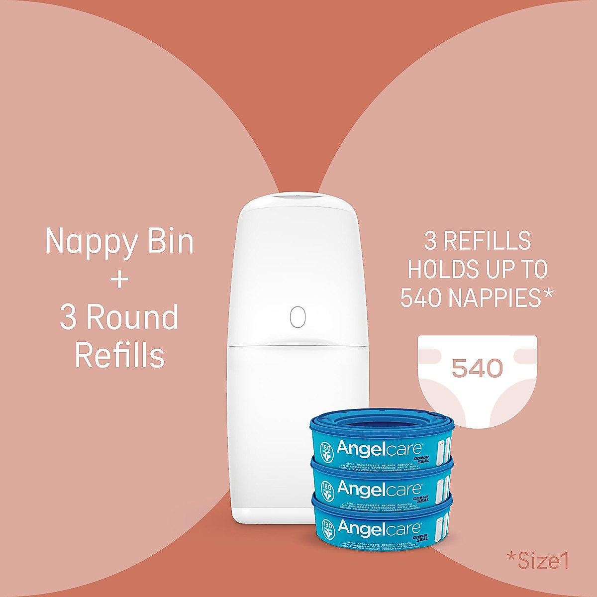 Angelcare - Nappy Disposal System - Includes 3 Round Refills - Push & Lock System