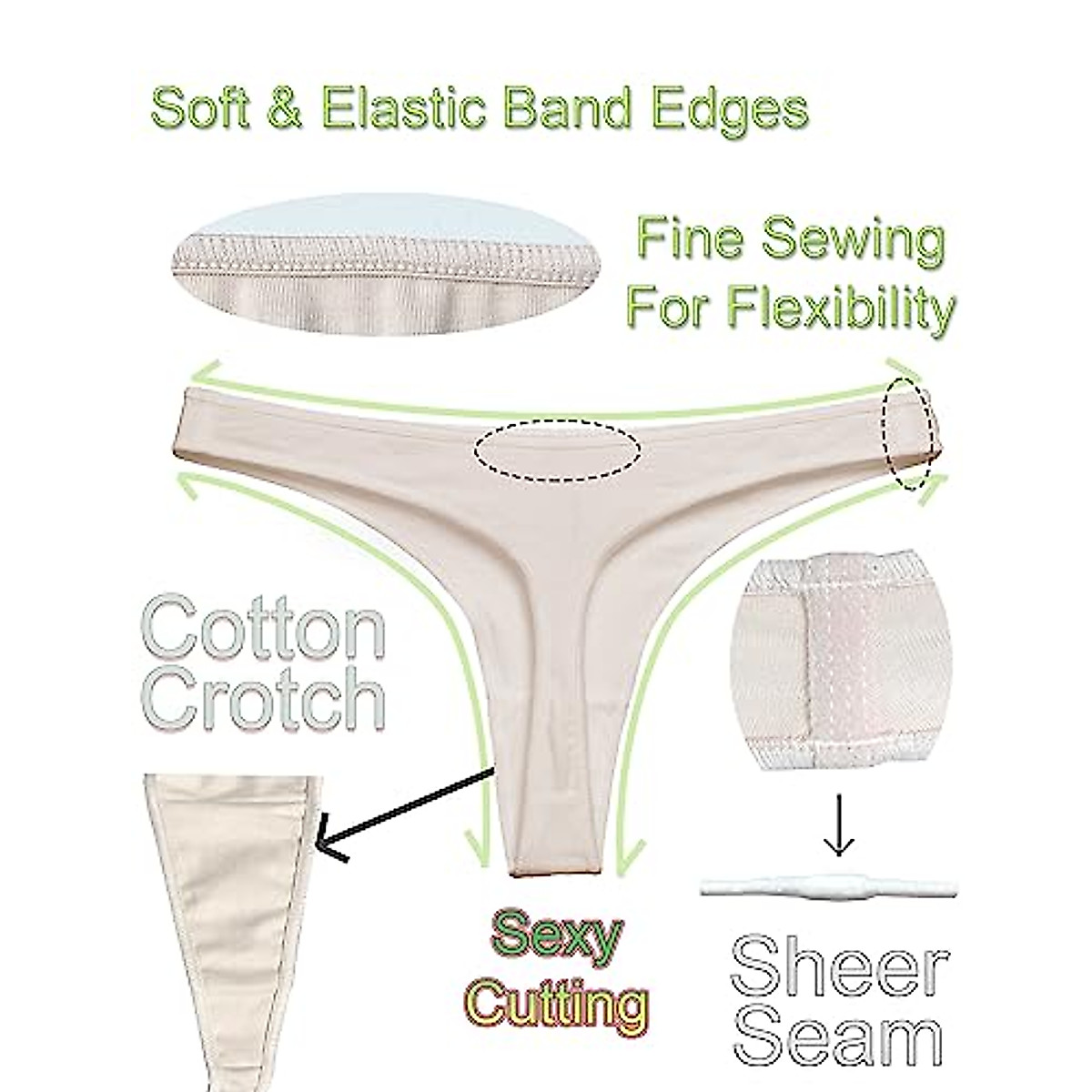 Womens Cotton Thongs Underwear Breathable No Show Cheeky Panties Tangas Sexy for Everyday Workout 3 Pack Set (Nude, Small)