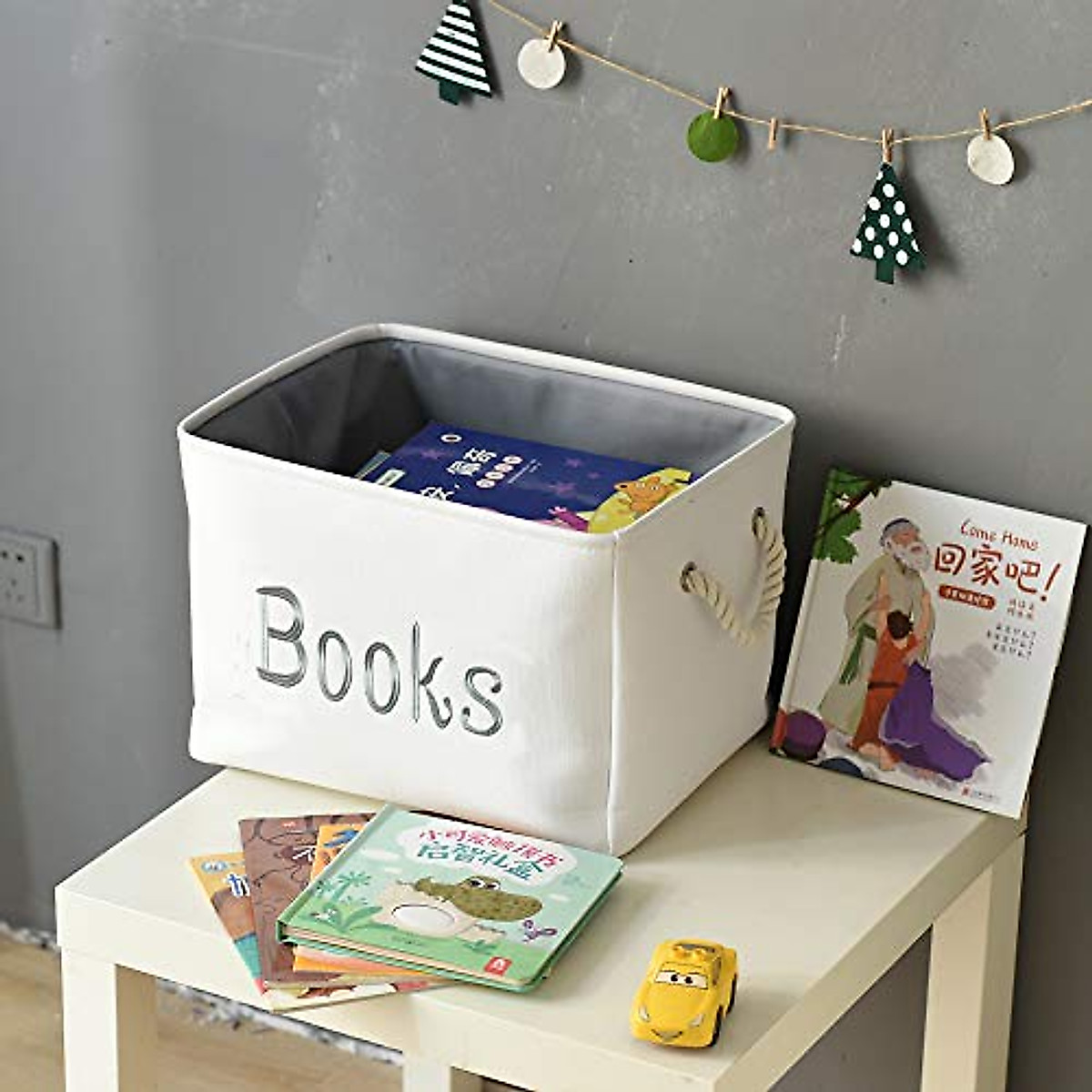 INough Book Basket for Kids Room, Book Storage Box Shelf Organizer for Kids Collapsible Book Bins with Drawstring Closure Baby Storage Bins Book Storage Container for Nursery/Classroom/Bedroom/Living room, for Magazines/Cartoon Book Reading(Large, Books)