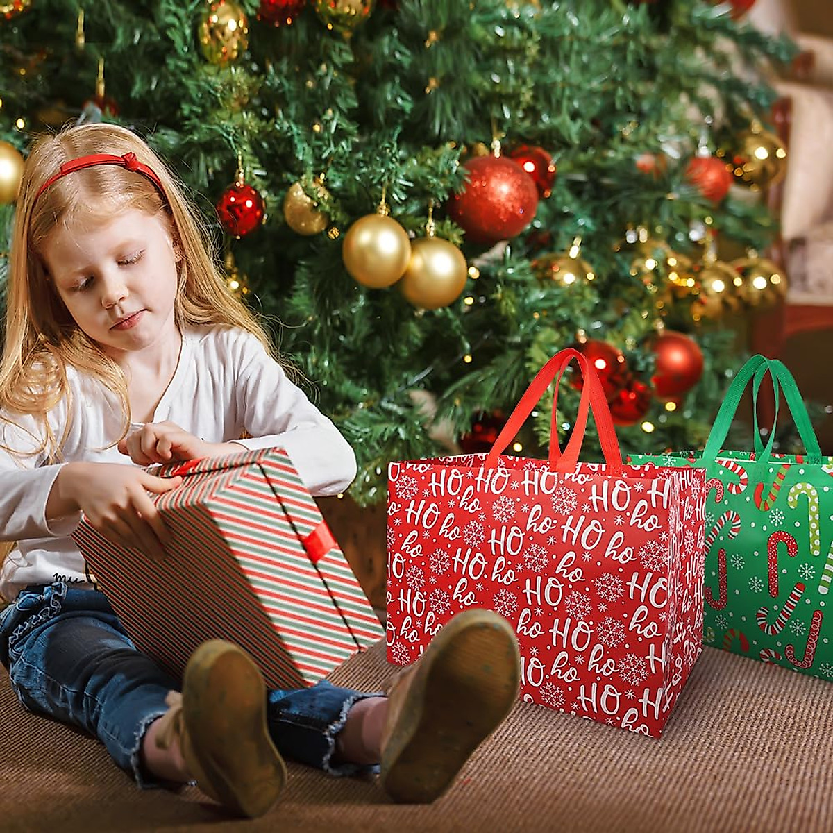 AKEROCK Large Christmas Gift Bags, Freestanding Christmas Bags with Handles and Paperboard, Reusable Xmas Gift Bags for Holiday Presents, Gift Giving, Shopping - 8 Pcs, 2 Different Sizes