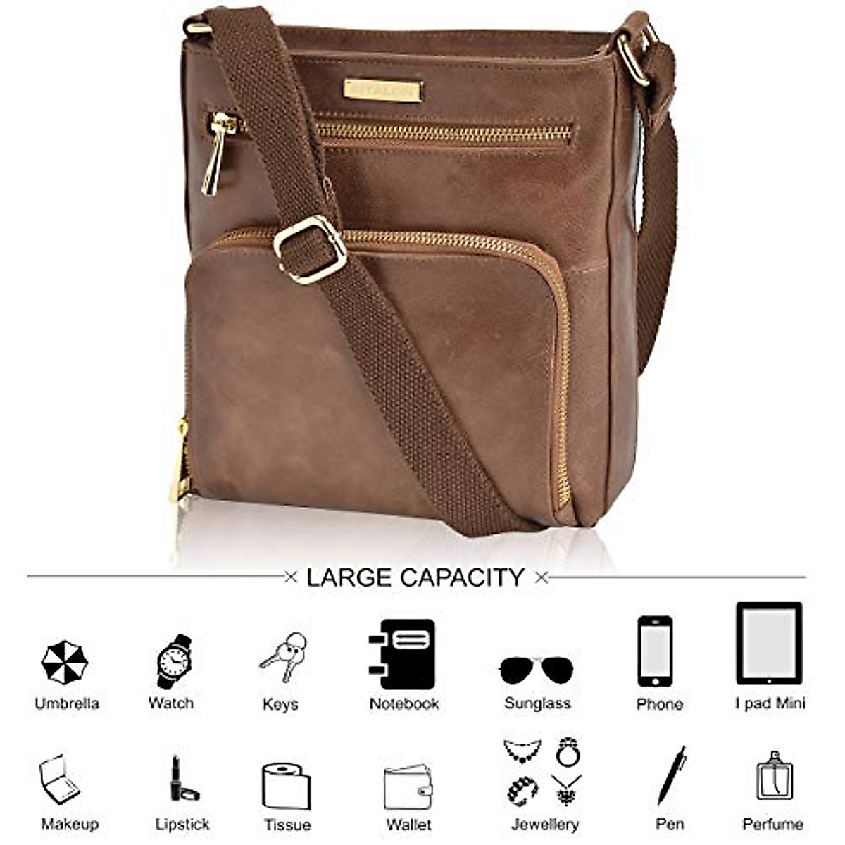 Crossbody Bags for Women - Real Leather Small Vintage Adjustable Shoulder Bag (Russet)