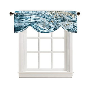 Segard Tie Up Valance for Windows,Marble Liquid Abstract Art Kitchen Valances Adjustable Rod Pocket Window Shade Valance,Blue White Gold Gradient Short Curtains Window Treatment for Bedroom 60x18in