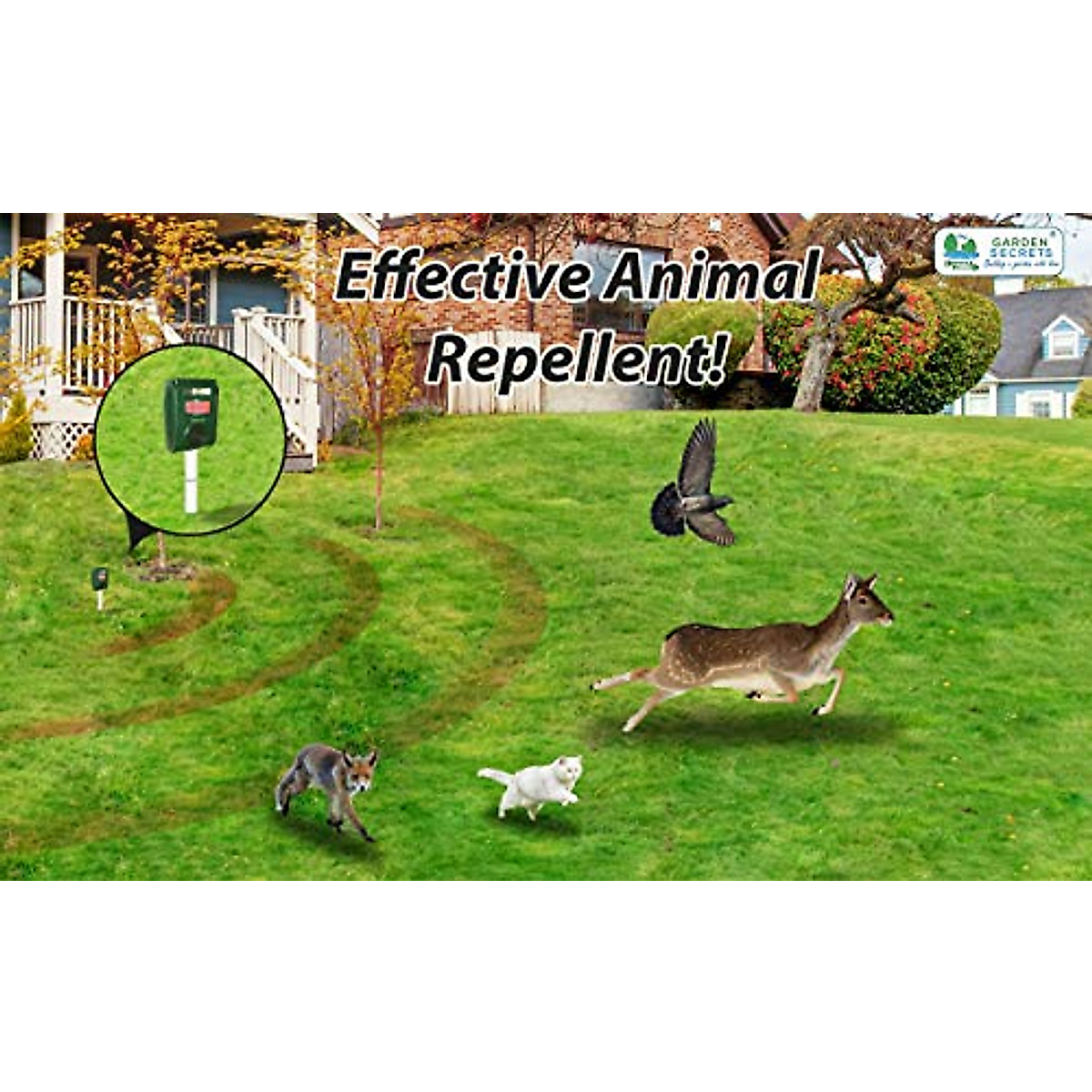 GARDEN SECRETS Compact Solar Ultrasonic Animal Repellent. Skunk Raccoon Deer Coyote Cat Rat Mice etc Deterrent. Keep Pests Away from Your Property Within 2-4 Weeks. Whole Year Full Warranty (1)
