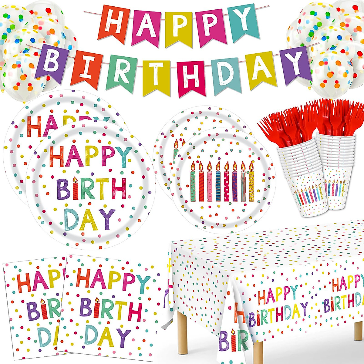 Birthday Party Decorations, 138Pcs Polka Dots Happy Birthday Party Supplies-Serves 24 with Birthday Plates and Napkins Birthday Banner Tablecloth for Boys Girls Birthday Party Decorations