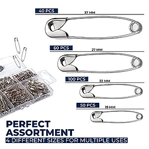 250 Pack Safety Pins by Luxurecourt, 4 Assorted Sizes of Durable, Silver Small and Large Safety Pins Bulk, Rust-Resistant Nickel Plated Steel, Sharp Edge Safety Pins for Clothes, Sewing, Arts & Craft