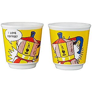 Bialetti - Mini Express Lichtenstein: Moka Set includes Coffee Maker 2-Cup (2.8 Oz) + 2 shot glasses, Yellow, Aluminium