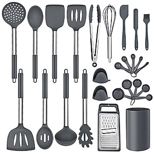 LIANYU 27 PCS Cooking Kitchen Utensils Set with Holder, Silicone Kitchen Utensils Spatula Set with Stainless Steel Handle, Kitchen Cooking Gadgets Tools for Nonstick Cookware Set, Heat Resistant, Gray