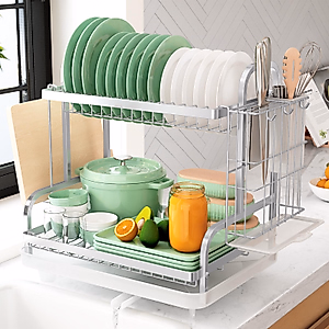 Kitsure Dish Drying Rack, Multifunctional Dish Rack, Rustproof Kitchen Dish Drying Rack with Drainboard, Space-Saving 2-Tier Dish Drying Rack with a Large Capacity for Kitchen Counter, Silver
