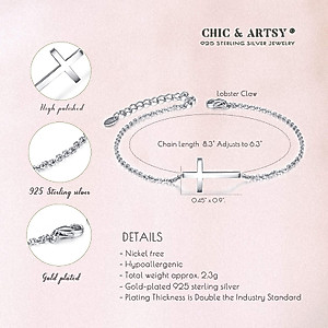CHIC & ARTSY Cross Bracelet 925 Sterling Silver Sideways Cross Christian Bracelets for Women Faith Catholic Bracelet Religious Bracelets Adjustable
