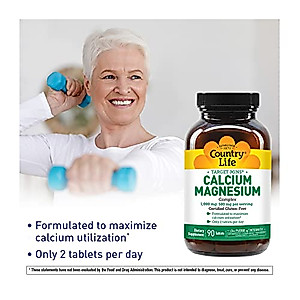 Country Life Target-Mins Calcium Magnesium Complex 1000mg/500mg, 90 Tablets, Certified Gluten Free, Certified Vegan, Certified Non-GMO Verified