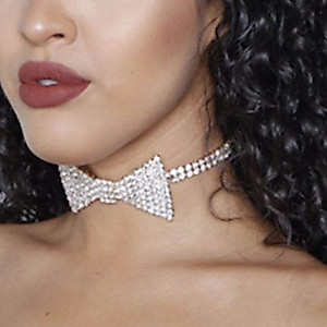 ELABEST Sparkly Rhinestone Necklace Bowtie Crystal Choker Bowknot Tennis Chain Wedding Bridal Bridesmaid Costume Jewelry for Women