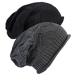 Senker Fashion 2 Pack Womens Slouchy Beanie Winter Knit Soft Hat for Women and Men Black Dark Grey