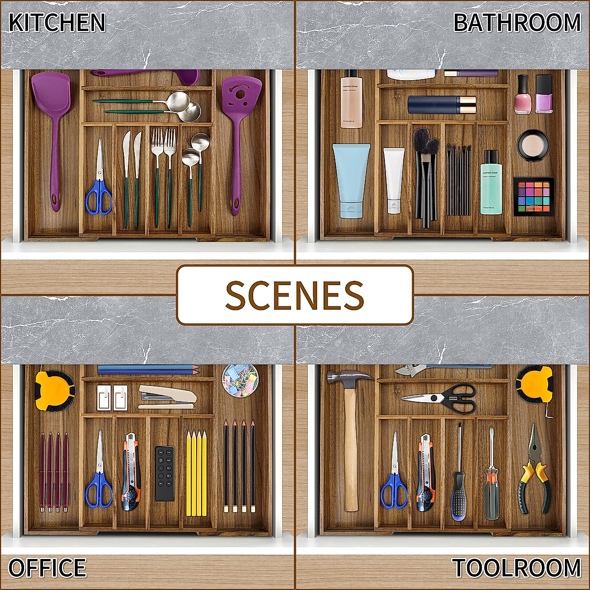 Utoplike 4 pcs Bamboo Adjustable Kitchen Drawer Dividers(16.8-21.8IN) and Acacia Expandable Cutlery Drawer Organizer