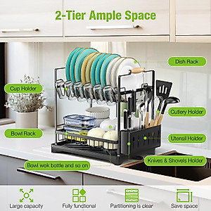 Housmile Dish Drying Rack, Large-Capacity Dish Rack for Kitchen Counter, Stainless Steel Dish Drainer, 2-Tier Drying Rack Kitchen Adjustable Height for Dishes, Knives, Spoons, and Forks, Black