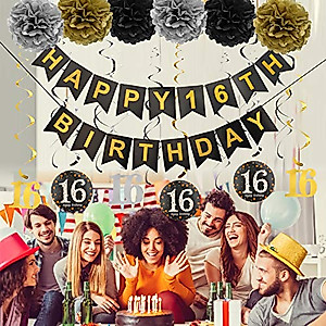 Luxiocio Happy 16th Birthday Party Supplies Decorations Kit - Including Happy 16th Birthday Banner, 12Pcs Hanging Swirl, 6Pcs Poms - Sixteen Birthday Decorations for Boys & Girls
