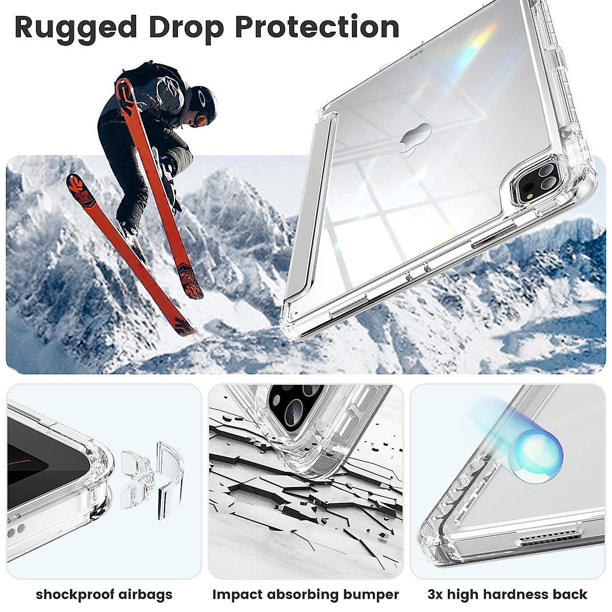 INFILAND Compatible with iPad Pro 12.9 Case 2022/2021(6th/5th Gen), [Crystal Clear Both Back & Frame] Anti-Yellowing + Pencil Holder (A2378, A2461, A2379, A2462, A2436, A2764, A2437, A2766), Silver