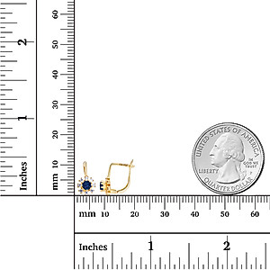 Solid 14K Yellow Gold Round 3mm Created Blue Sapphire September Birthstone Flower Huggie Earrings For Women & 1mm Created White Sapphire Flower Huggie Hoop Earrings For Women