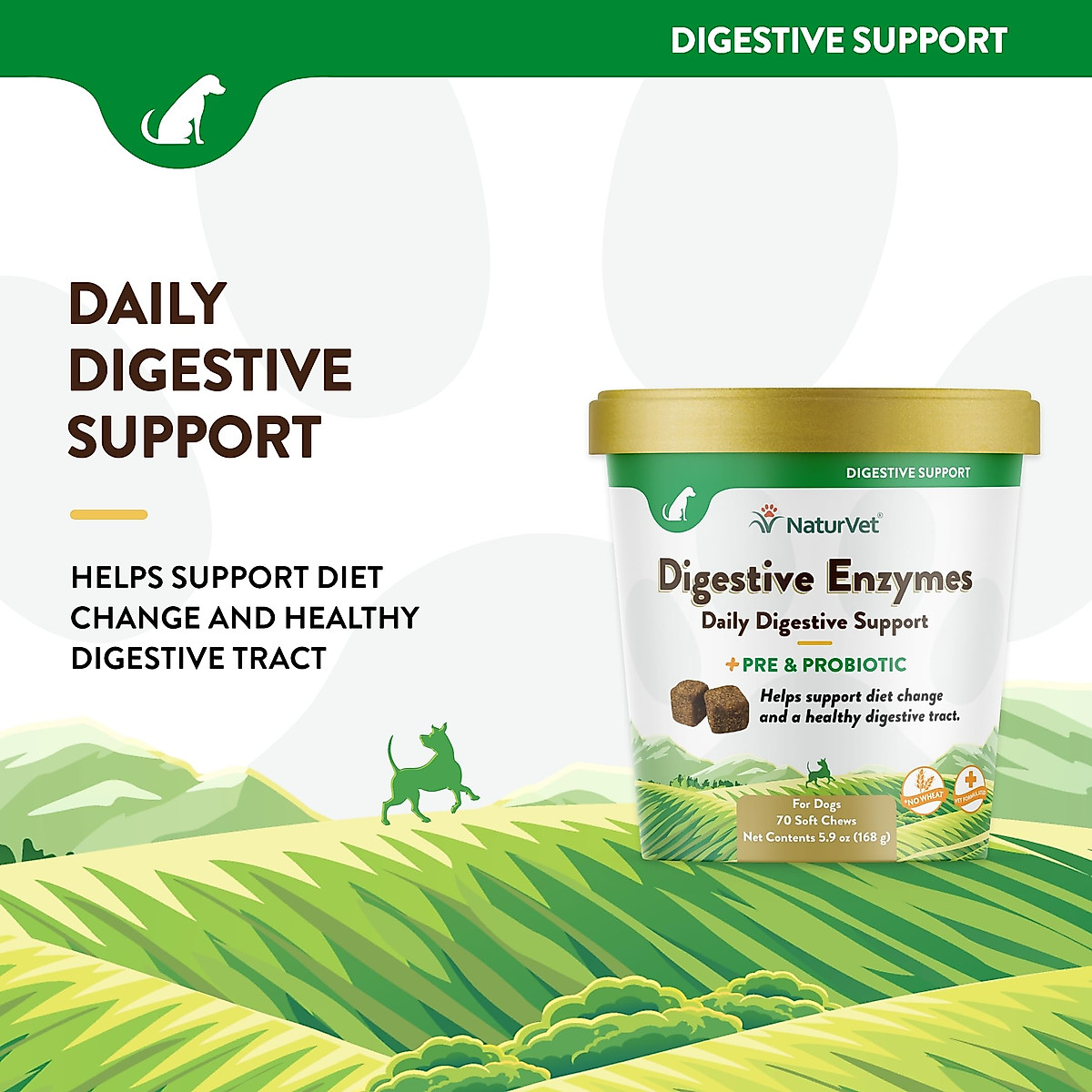 NaturVet Advanced Probiotics and Enzymes Supplement Digestive Enzymes - Plus Probiotics & Prebiotics Soft Chews, 70 Count Made in The USA with Globally Source Ingredients 70 Soft Chews