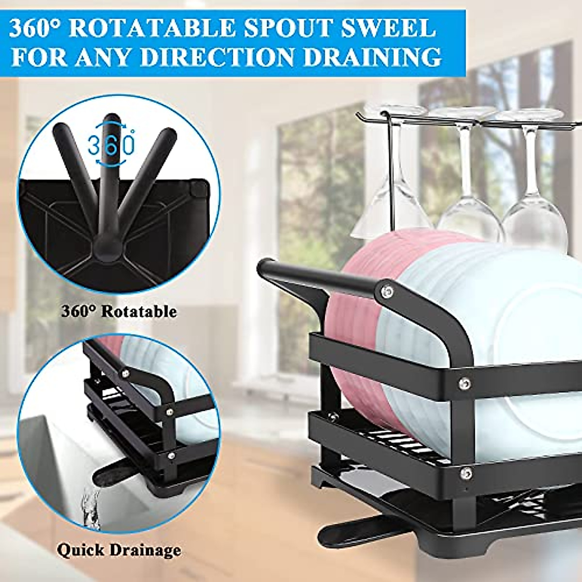 farexon Dish Drying Rack, Large Dish Rack with Drainboard for Kitchen Counter, Sturdy Stainless Dish Drainer with Adjustable Swivel Spout, Removable Wine Glass Holder & Utensil Holder, Black