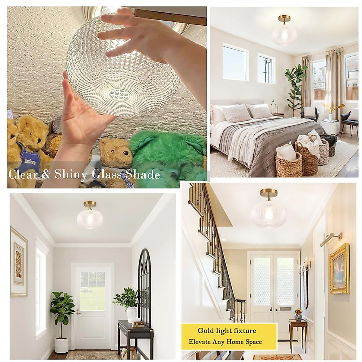 Gold Semi Flush Mount Ceiling Light Fixture,Hallway Light Fixtures,Industrial Close to Ceiling Light,Globe Glass Ceiling Light Fixture,Vintage Ceiling Lamp,Farmhouse Light for Bathroom Entryway