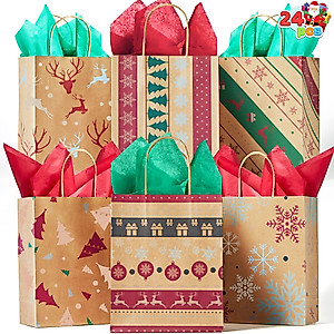JOYIN 24 Christmas Holiday Kraft Gift Bags for School Classrooms Exchange Party Favors Goody Bags, Xmas Holiday Gift Goodie Bags 7 ¼" x 9" x 3 ½"