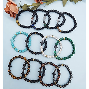 CASDAN 12Pcs Cross Beads Bracelet for Men Women 8mm Lava Tiger Eye Stone Stretch Bracelets Set