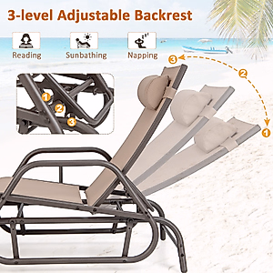 Tangkula Outdoor Glider Recliner Chair, Adjustable Backrest Patio Gliding Lounger Chair with Armrests and Pillow, Outdoor Swinging Rocking Chair w/Breathable Fabric for Poolside, Backyard (2, Brown)