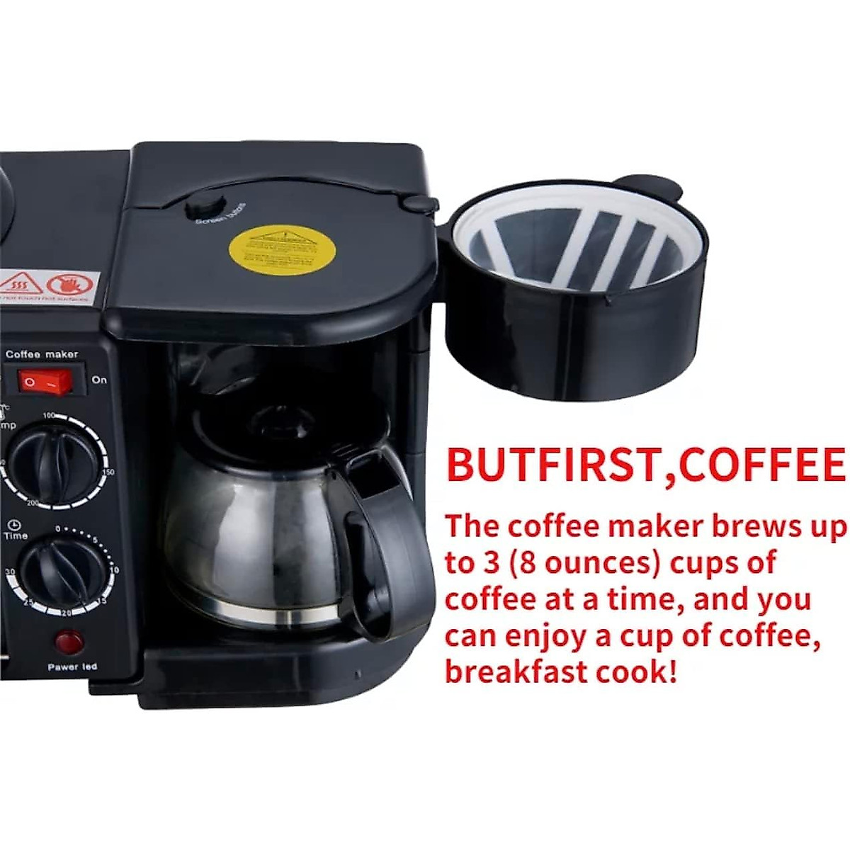 BYHIP 3-in-1 Breakfast Station - Includes Coffee Maker, Non-Stick Griddle, and 4-Slice Toaster Oven - Versatile Breakfast Maker with Timer Suitable for Kitchenettes/Apartments/Dormitories- Black