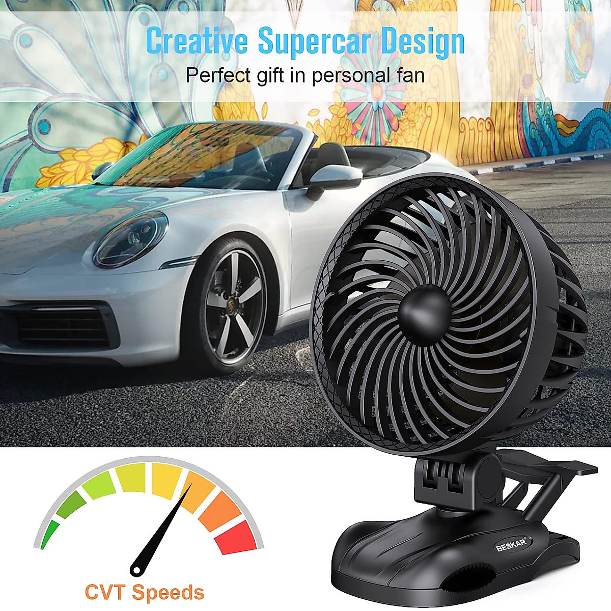 BESKAR Clip on Fan - 5000mAh Battery Rechargeable with CVT Speeds and Strong Airflow, Adjustable Tilt, Personal Quiet Fan for Office Stroller Outdoor - Portable Small Desk Fan