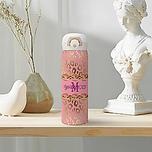 Custom Pink Gold Leopard Water Bottle Personalized Name Text Stainless Steel Sport Water Bottle Customized Double Wall Vacuum Insulated Cup Gift for Kids Women Men