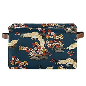 AUUXVA Japanese Cherry Blossom Crane Storage Bins Basket, Vintage Flower Floral Collapsible Storage Cube Rectangle Storage Box with Handles for Shelf Closet Nursery Bedroom Home Office 2 Pack