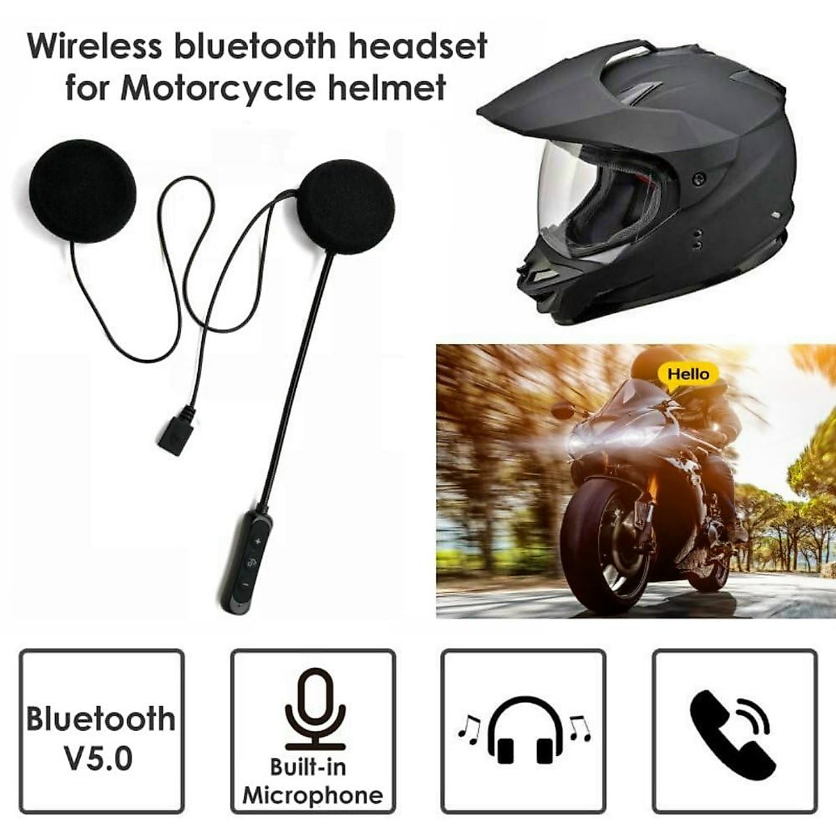SUNITEC Motorcycle Bluetooth Headset Outdoor Helmet Earphone Bluetooth Helmet Speakers HiFi Stereo Sound Motorcycle Speakers Hands Free Music Call Control Universal Helmet Communtion System - BH03