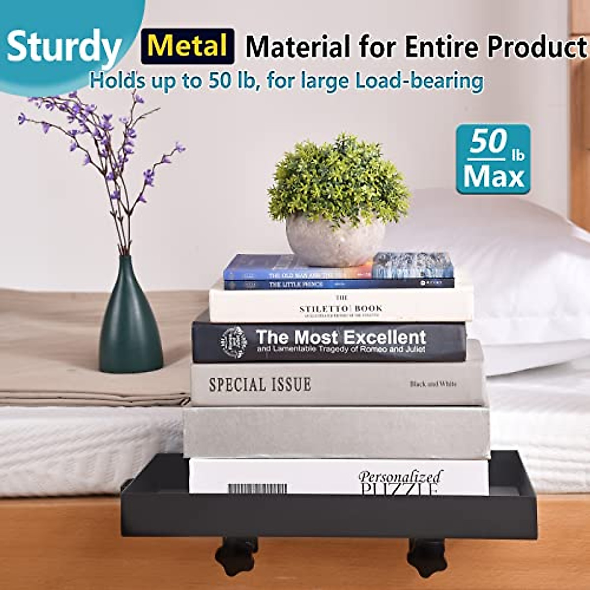Adowes Bedside Shelf for Bed Heavy Duty Metal Bunk Bed Shelf with Cup Holder Clip On Nightstand for Top Bunk Bedside Tray Dorm Room Essentials for College Students Black