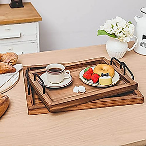 Ottoman Tray with Handles Set of 2 Serving Tray for Coffee Table Decorative Tray Rustic Rectangular Tray for Food Dinner Breakfast Kitchen Bedroom Living Room Housewarming Gift, Large & Small, Brown