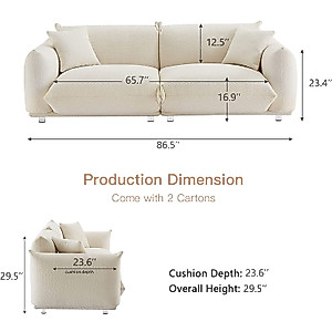 Fulocseny Mid Century 86'' Modern Couch for Living Room,Lambswool Fabric 3 Seater Sofa,Solid Wood Frame and Stable Metal Legs with 2 Pillows,Sofa Furniture Apartment (White, 85.8''*34.5''*29.5'')