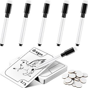 Teling 24 Pcs Reusable Cards Multifunctional Tokens Dry Erase Cards White Blank Flash Cards Erasable Index Cards, 24 White Erasable Plastic Counters Gaming Tokens Discs and 5 Marker Pens for Game