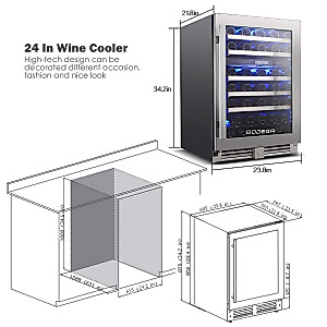 BODEGA 24 Inch Wine Cooler,56 Bottle Wine Refrigerator Dual Zone, Built-In and Freestanding Wine Fridge,with Quick and Silent Cooling System for Red, Rose and Sparkling Wines,Stylish Look