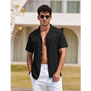 COOFANDY Men Beach Linen Shirts Boho Hippie Shirts Summer Cotton Tops Big and Tall A- Black