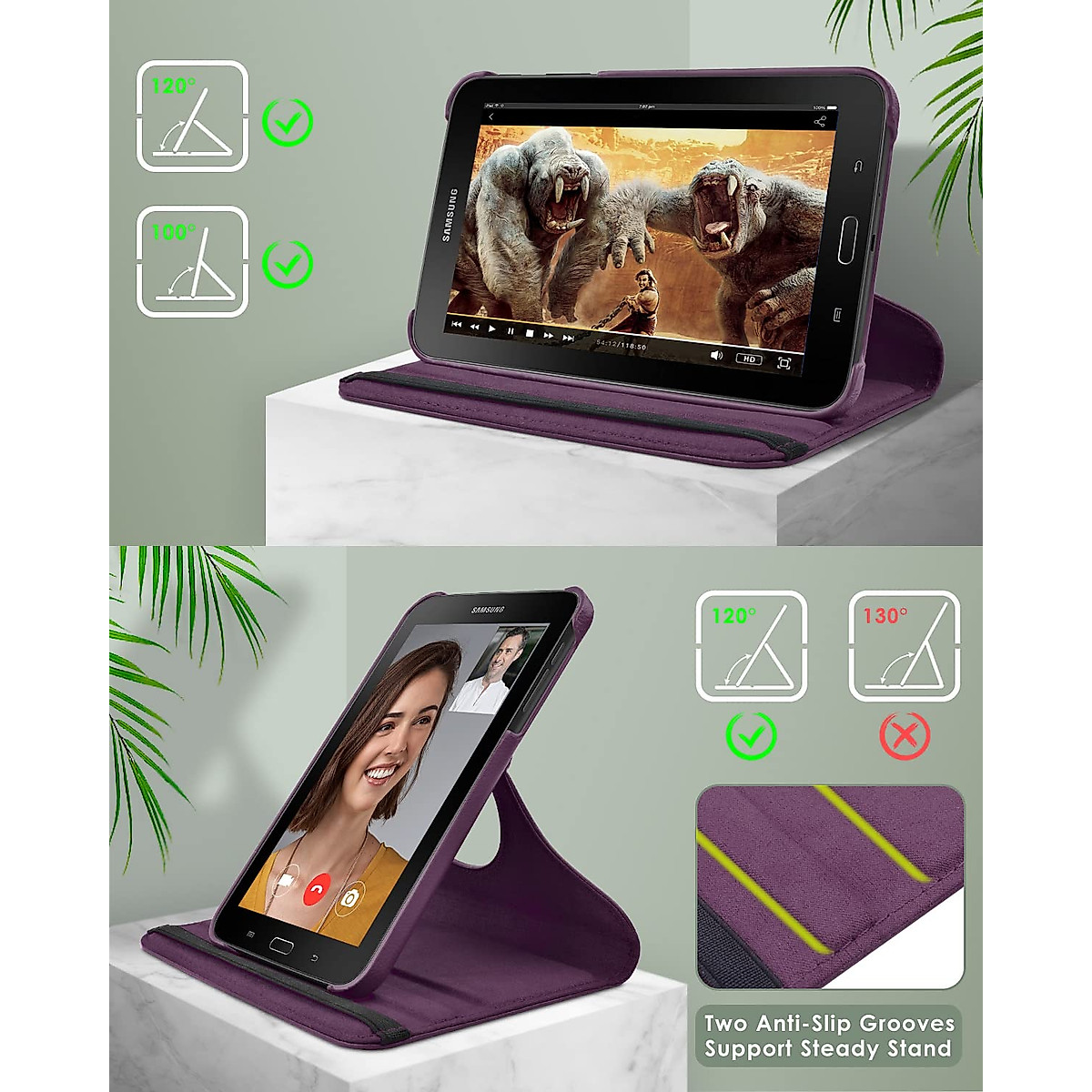 DETUOSI Rotating Case for Samsung Galaxy Tab 3 Lite 7.0" 2014 (SM-T110/ T113), 360° Swivel Multi-Angle Stand Folio Lightweight Leather Book Cover + Protective Hard Back Shell + Elastic Strap Closure