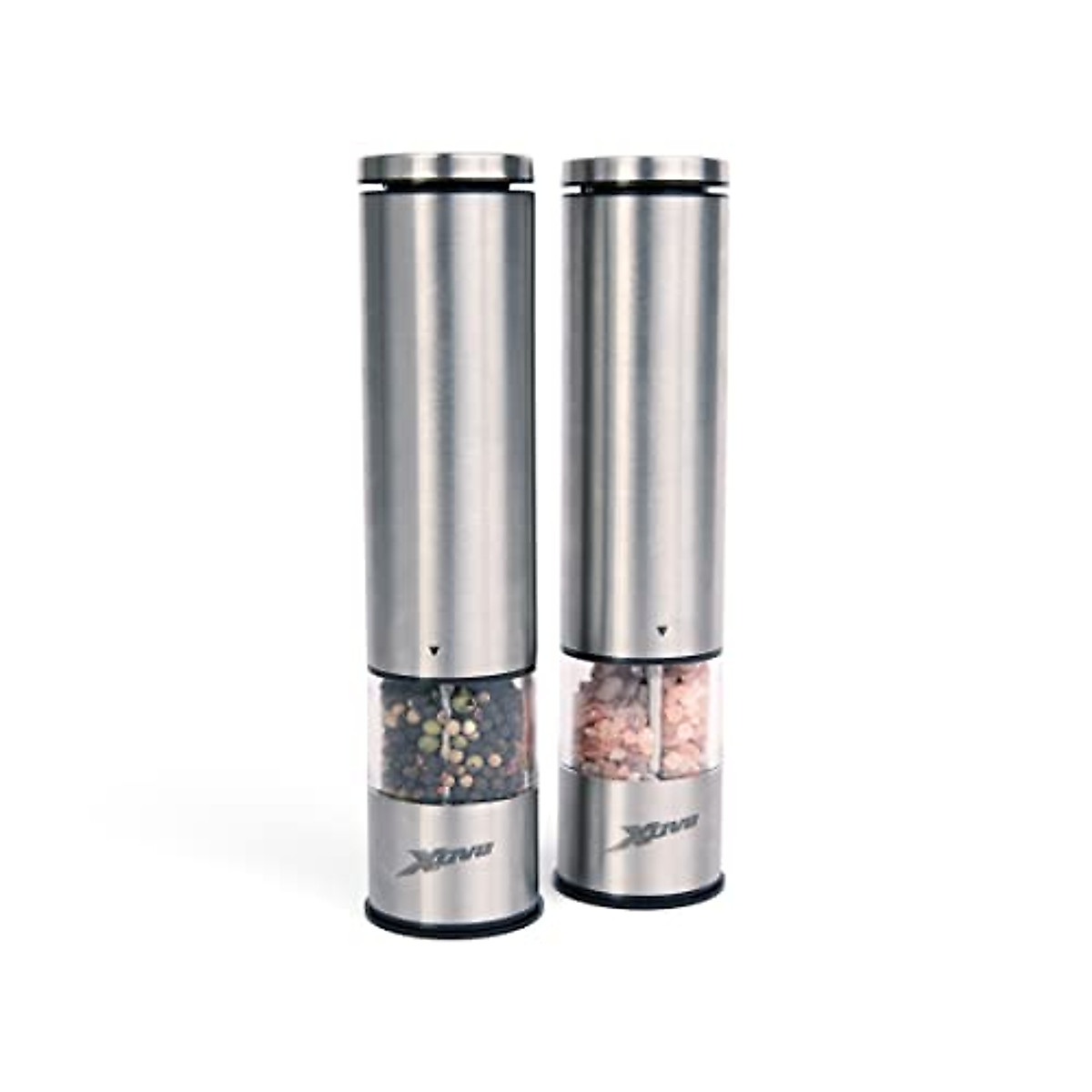 XOVO Electric Salt & Pepper Grinder Set - Battery Operated Stainless Steel Mill With LED Lighting - Electronic Adjustable Shakers - Ceramic Grinders - One Handed Automatic Operation - 2 Pack