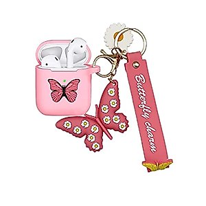 Xbs Airpods Case with Butterfly Pattern, Soft Silicone Butterfly Pendant and Shockproof Dust Plug Cover for Women and Girls, Compatible for Apple Airpods 2&1 Front LED Visible (Pink Butterfly)