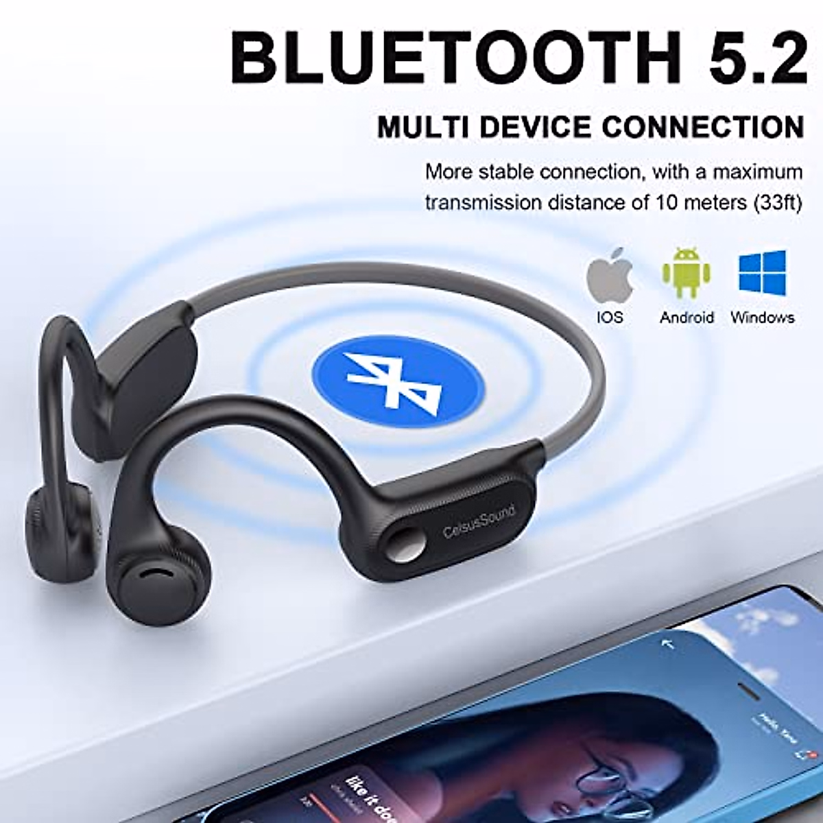 CelsusSound Bone Conduction Headphones, Open-Ear Bluetooth 5.2 Sport Headphones up to 10H Playtime, Built-in Mic Wireless Earphone, IP54 Waterproof Headset for Workouts and Running